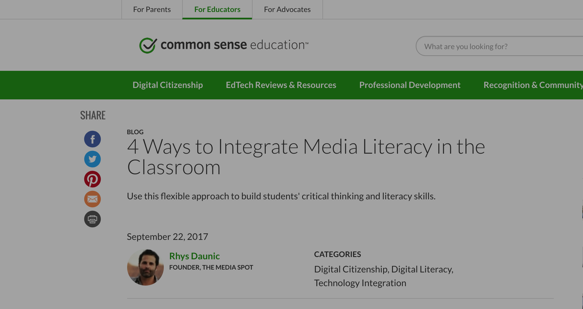 TMS Article on K-12 Media Literacy for Common Sense Education – The ...